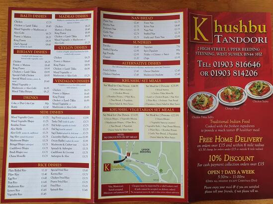 Menu at Khushbu fast food, Steyning