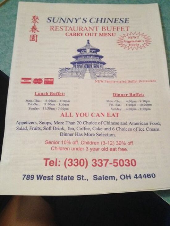 Menu at Sunny's Chinese Restaurant, Salem