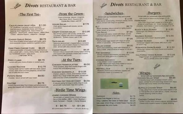 Menu at Divot's Restaurant & Bar, USA