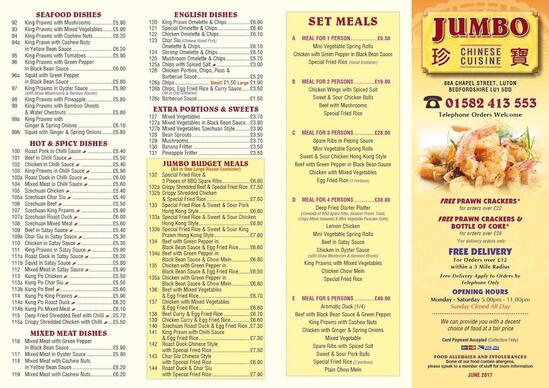 Menu at Jumbo restaurant, Luton