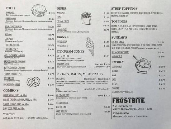 Menu at Frostbite Ice Cream & Diner restaurant, West Alexandria