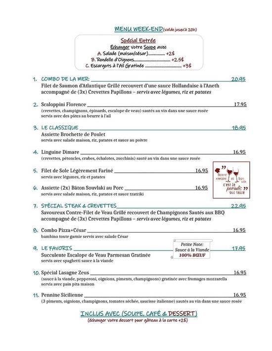 Menu at Restaurant Chez Zeus, Montreal