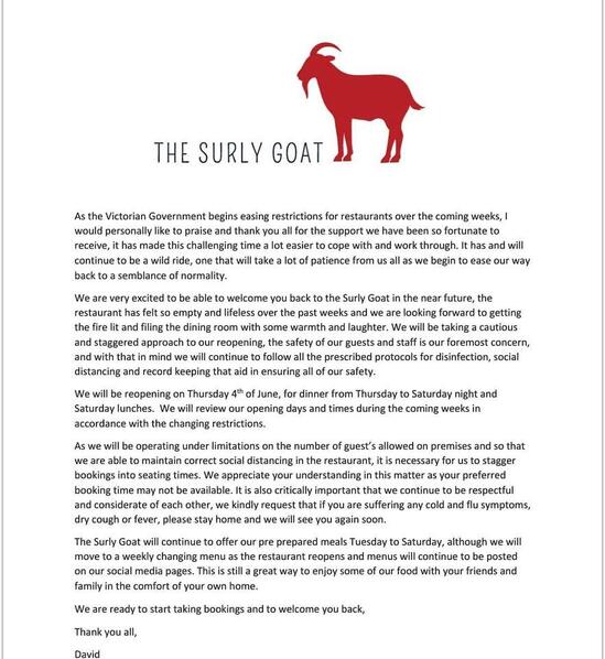 Menu at The Surly Goat restaurant, Hepburn Springs