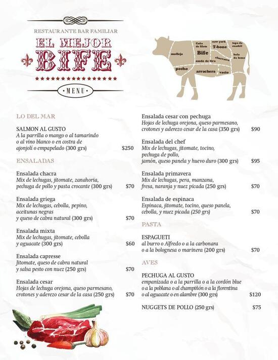 Menu at El Mejor Bife steakhouse, Ecatepec de Morelos