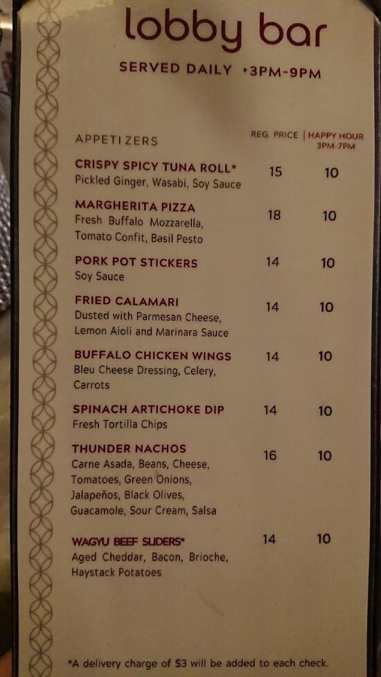Menu at Lobby Bar, Lincoln