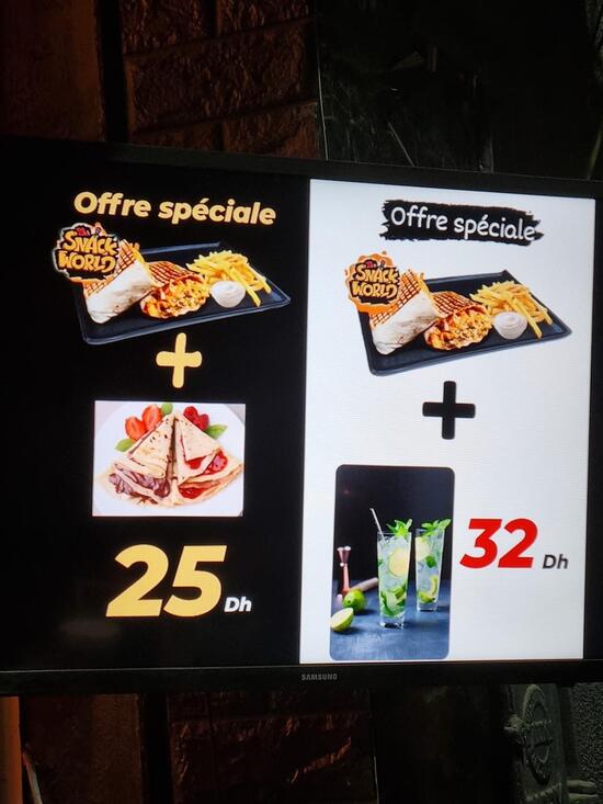 Menu at The Snack World restaurant, Marrakesh