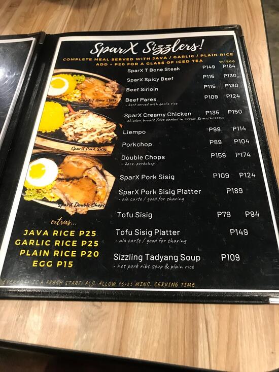 Menu at Sparx Bistro restaurant, Quezon City