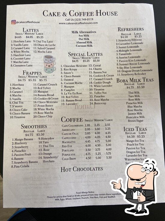 Menu at Cake & Coffee House, South Gate