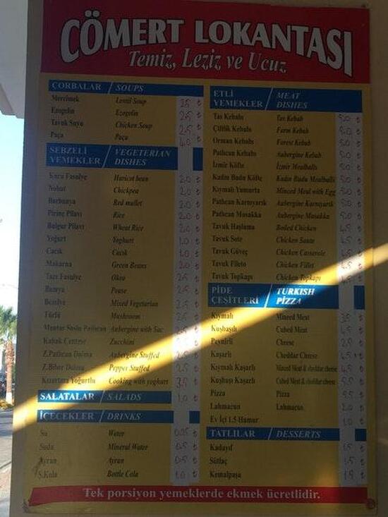 Menu at Cömert Lokantası, Dalyan Belediyesi