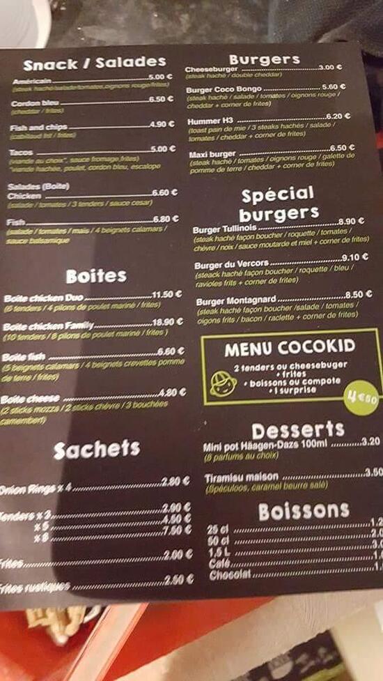 Menu at Le Coco Bongo pub & bar, Tullins