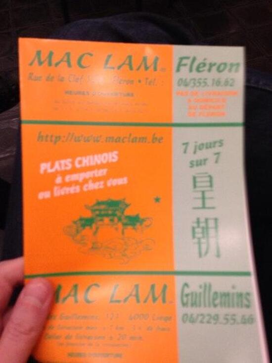 Menu au Mac Lam Guillemins restaurant, Liège, Rue des Guillemins 121