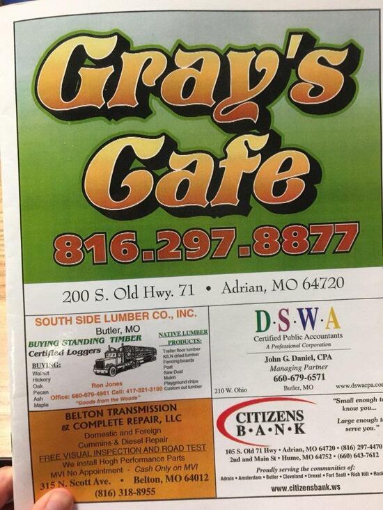 Menu at Gray's Cafe, Adrian