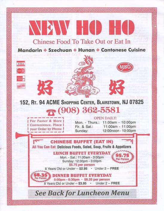Menu at New Ho Ho Kitchen restaurant, Blairstown