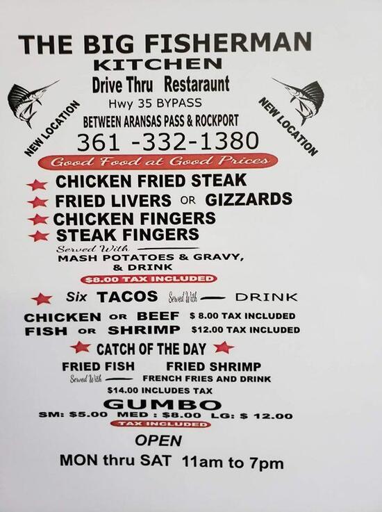 Menu at Big Fisherman Jungle restaurant, Aransas Pass, 111 Port Royal
