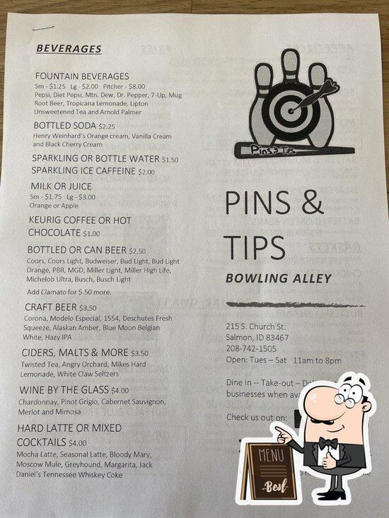 Menu at Pins & Tips Bowling Alley, Salmon