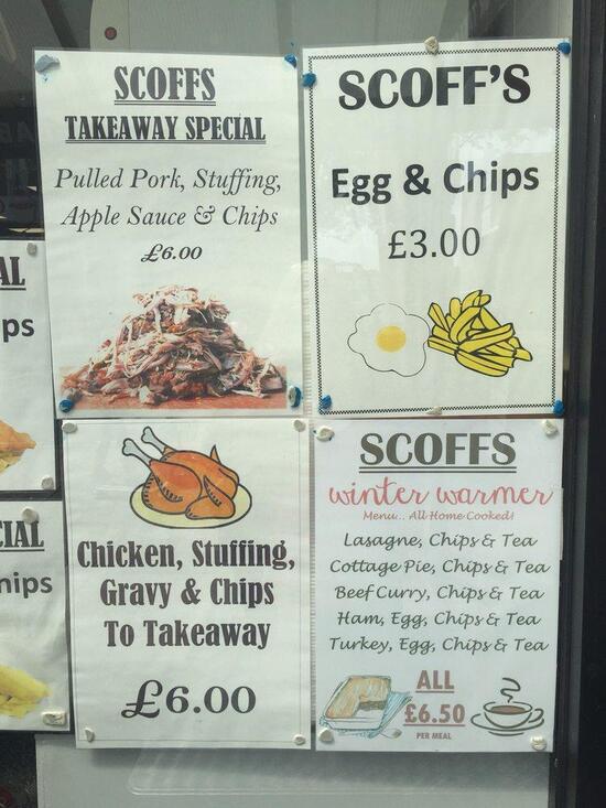 Menu at Scoffs fast food, Paignton