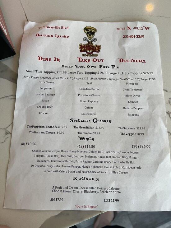 Menu at Pirate's Pizza and Wings pizzeria, Dauphin Island