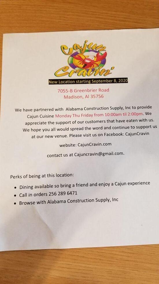 Menu at Cajun Cravin restaurant, Madison