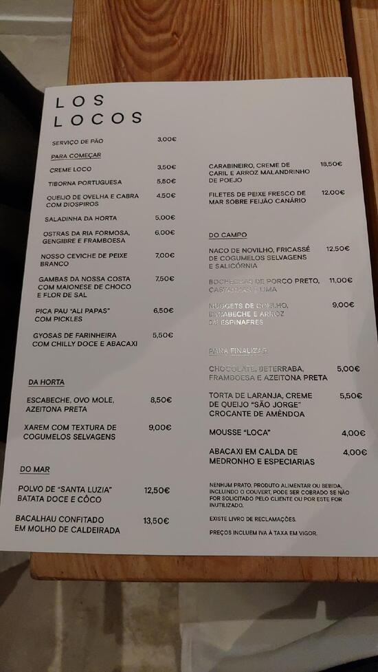 Menu at Los Locos Faro restaurant, Faro