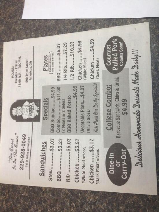 Menu at 2 Dukes Barbque, Americus