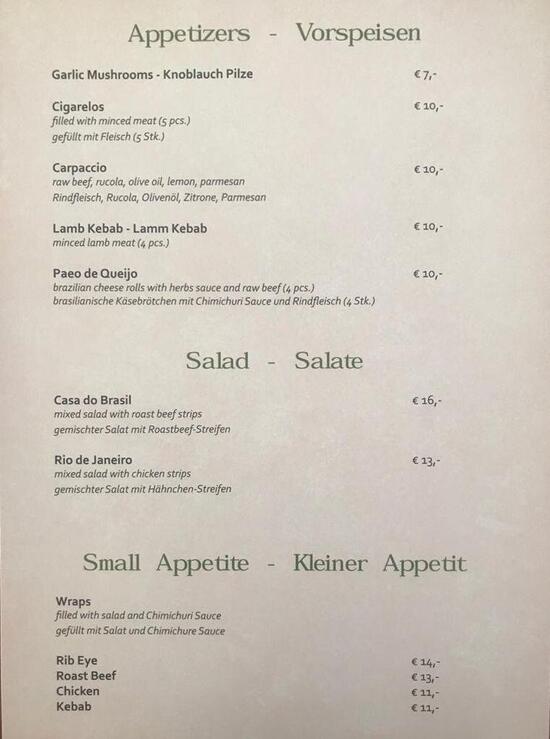 Menu at Casa do Brasil steakhouse, Vilseck