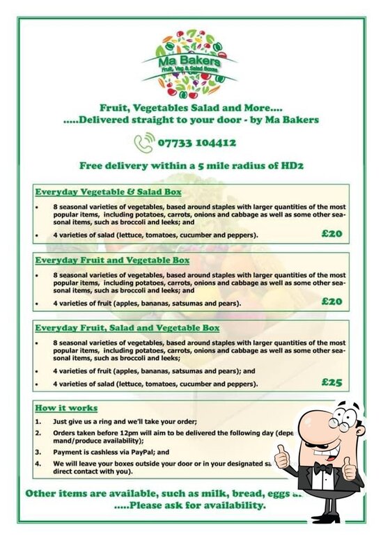 Menu at Ma Bakers cafe, Huddersfield, 297 Bradford Rd