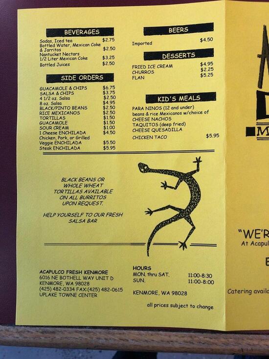 Menu at Acapulco Fresh Mexican Grill fast food, Kenmore