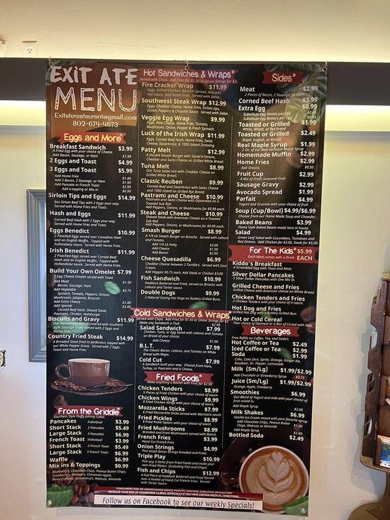 Menu at Exit Ate Restaurant, Weathersfield, 202 Route 131