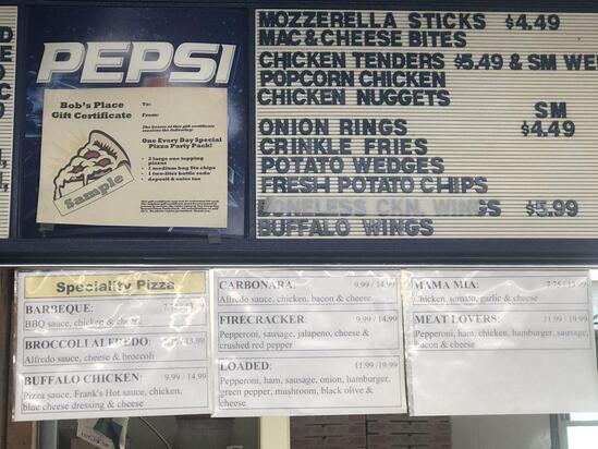Menu at Bob's Place pizzeria, Casco