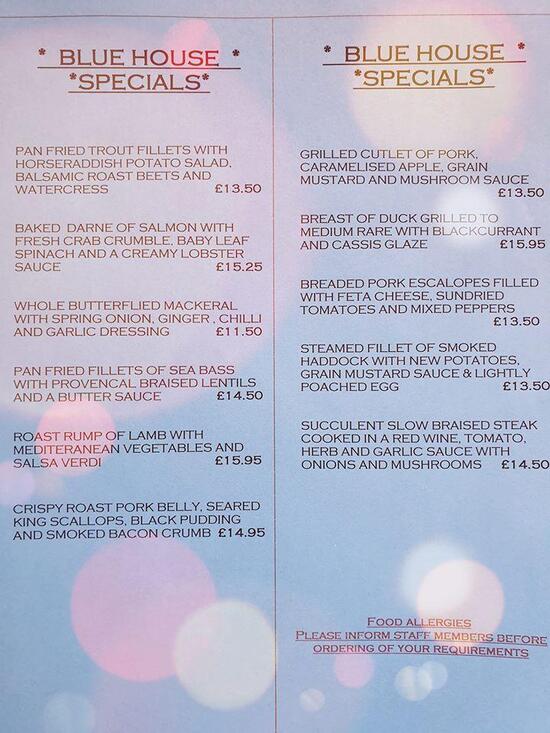 Menu at The Blue House restaurant, Haswell