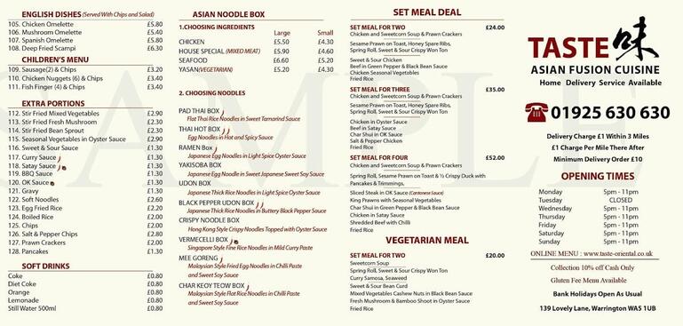 Menu at TASTE Asian Fusion restaurant, Warrington, 139 Lovely Ln