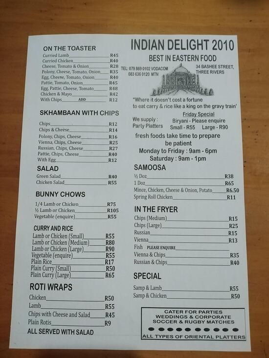 Speisekarte von Indian Delights restaurant, Vereeniging