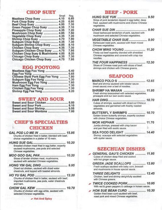 Menu at Yee's Village restaurant, Townsend, 350 Main St