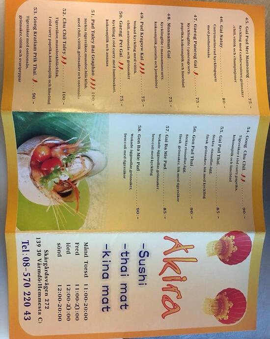 Menu at Akira restaurant, Gustavsberg