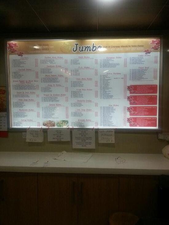 Menu at Jumbos fast food, Cork, The Lough S C