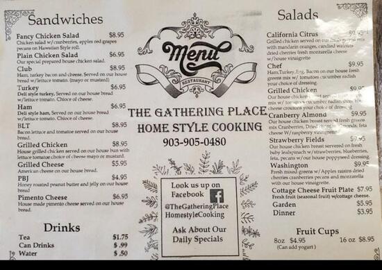 Menu at The Gathering Place cafe, Yantis