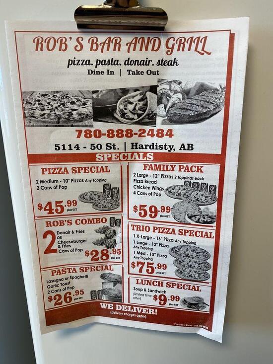 Menu at ROB'S BAR & GRILL, Hardisty