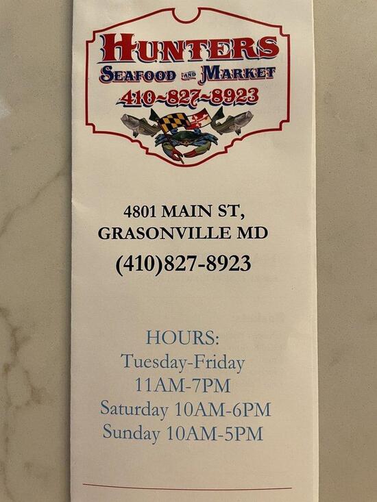 Menu at Hunter's Seafood and Market restaurant, Grasonville