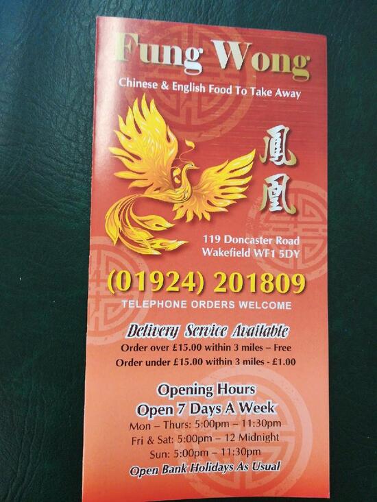 Menu at Fung Wong restaurant, Wakefield