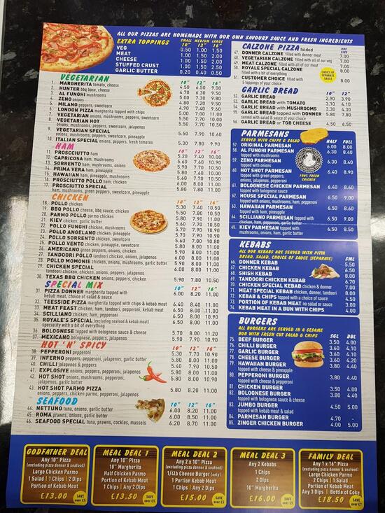 Menu at Royale Pizza pizzeria, Saltburn-by-the-Sea