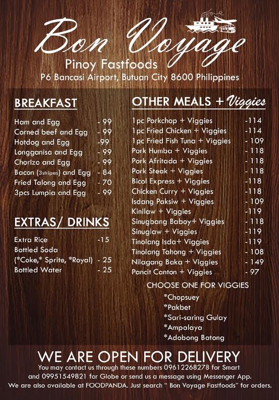 Menu at Bon Voyage Fastfoods restaurant, Butuan City