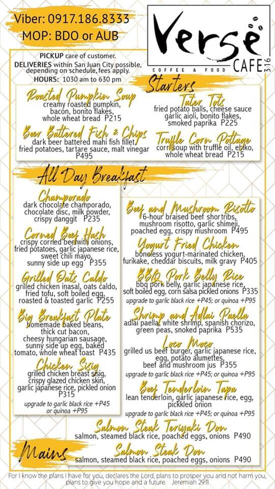 Menu at Verse Cafe 3:16, San Juan