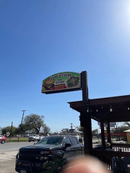 Menu at Lugo's Tacos restaurant, Luling