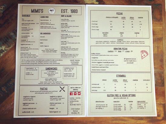 Menu at Mimo's Pizza Company pizzeria, Windber