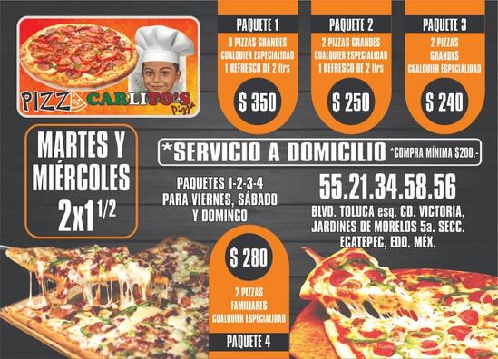 Menu at Pizza Carlito's restaurant, Ecatepec de Morelos