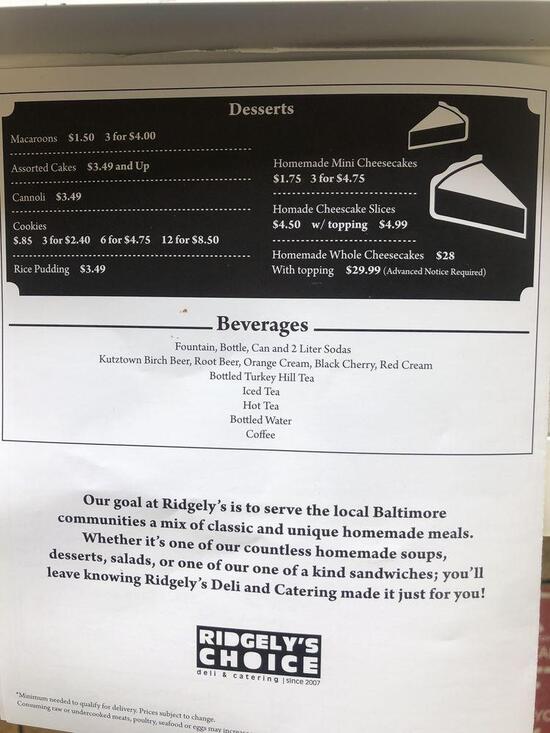 Menu at Ridgely's Choice Deli and Catering, Overlea