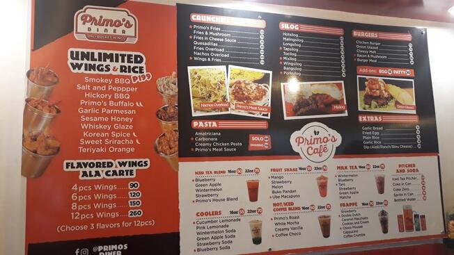 Menu at Primo's Diner - Comembo restaurant, Makati