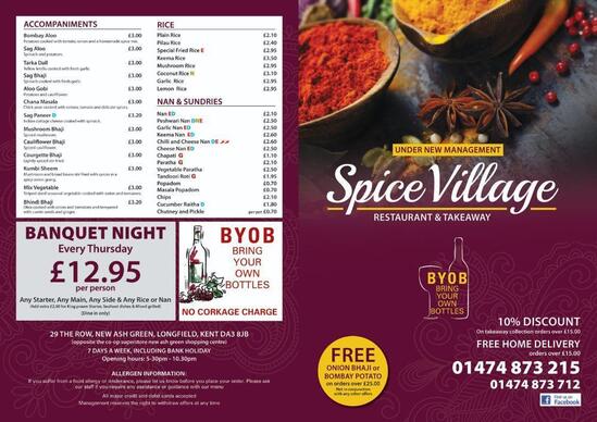 Menu at Spice Village restaurant, Longfield, 29 The Row