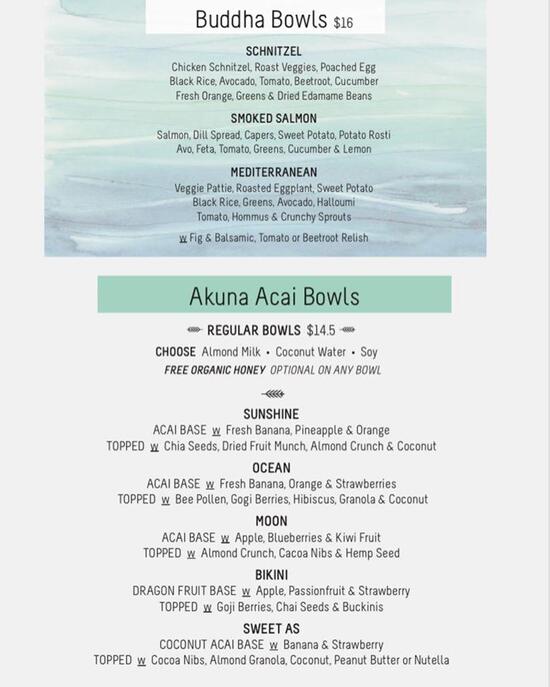 Menu at Akuna Cafe, Newcastle
