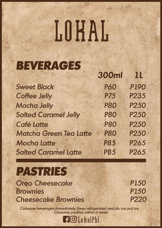 Menu at Lokal Café, Caloocan